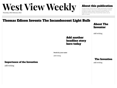 Book Creator | Light and Sound Newspaper Edison Template